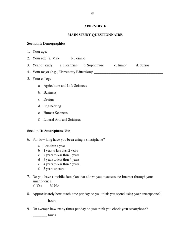 Appendix E Main Study Questionnaire Section I: Demographics | PDF ...