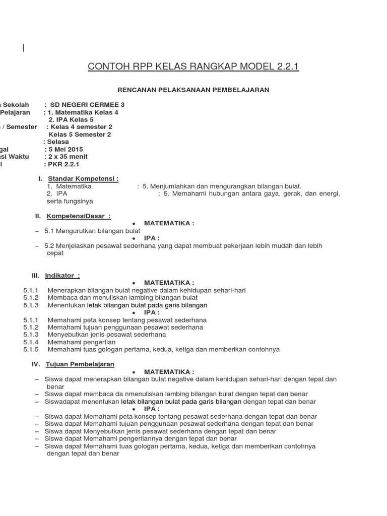 Contoh RPP Kelas Rangkap Model 2 | PDF