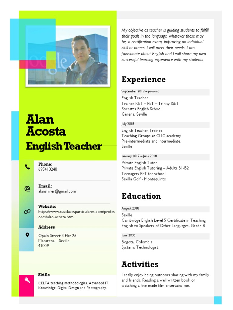 English Teacher Profile: Alan Acosta | PDF | Behavior Modification ...