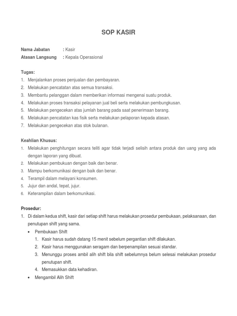 Sop Pelayanan Kasir | PDF