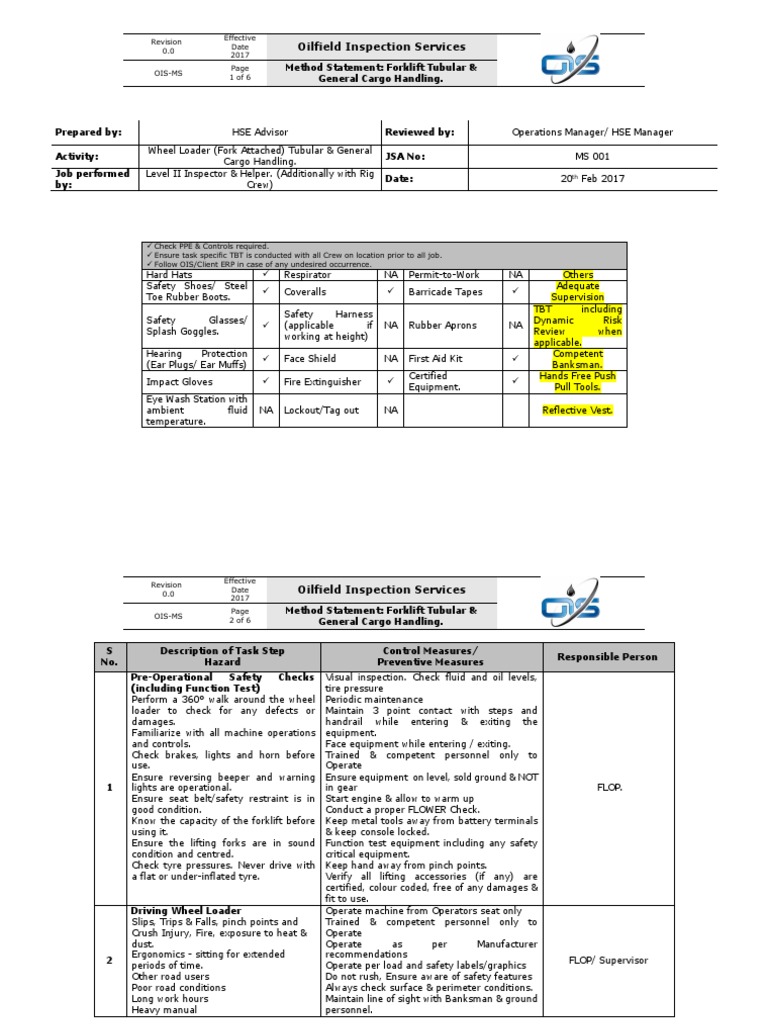 Oilfield Inspection Services: Method Statement: Forklift Tubular ...