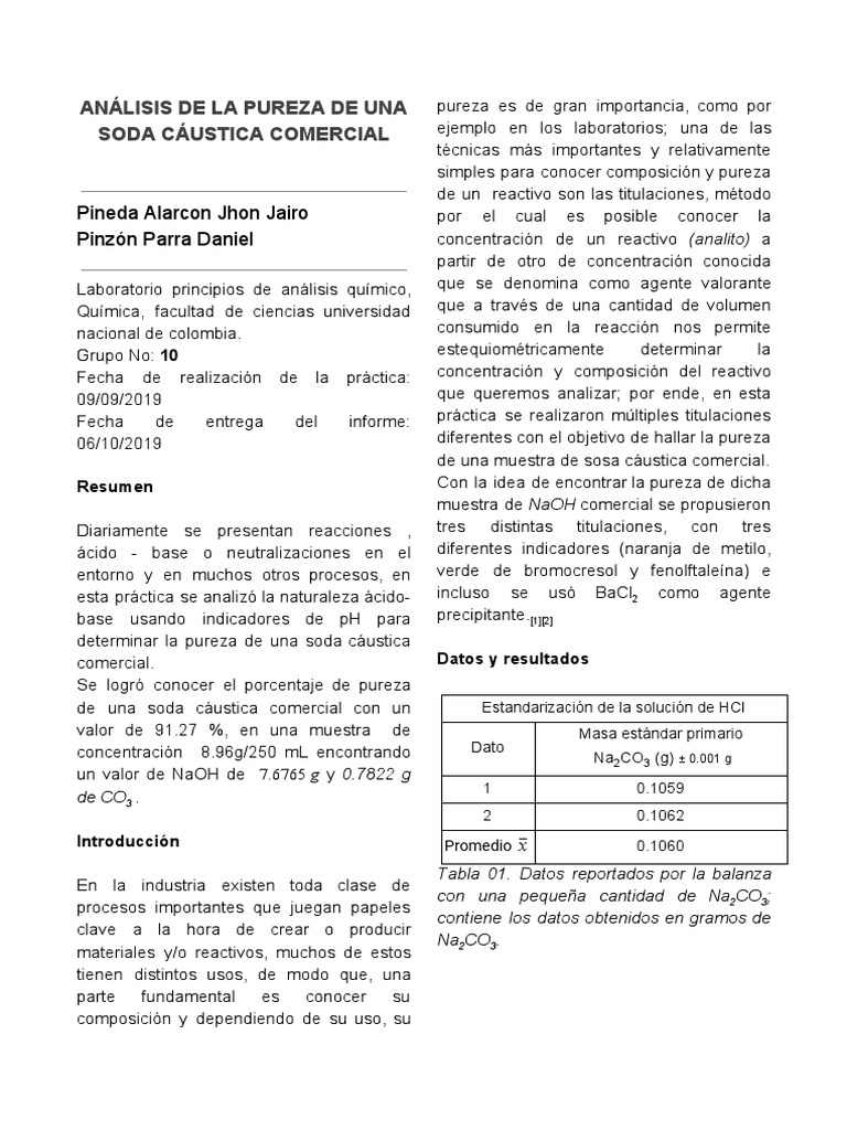 Informe Sosa Caustica | PDF | Ácido clorhídrico | Concentración