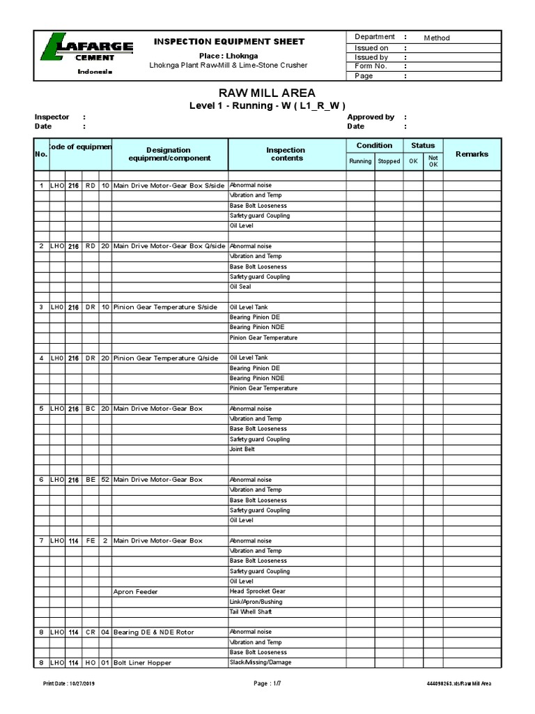 Inspection Check List Raw-Mill | PDF | Gear | Manufactured Goods