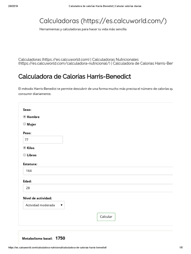 Calculadora de Calorías Harris-Benedict - Calcular Calorías Diarias ...