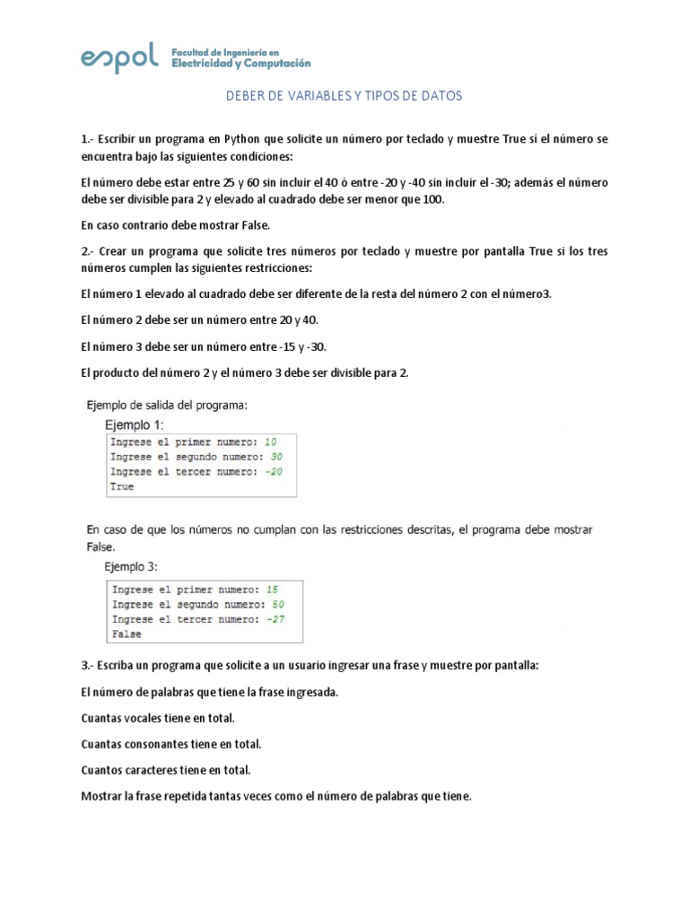 Deber 2 de Variables y Tipos de Datos | PDF | Áreas de informática ...