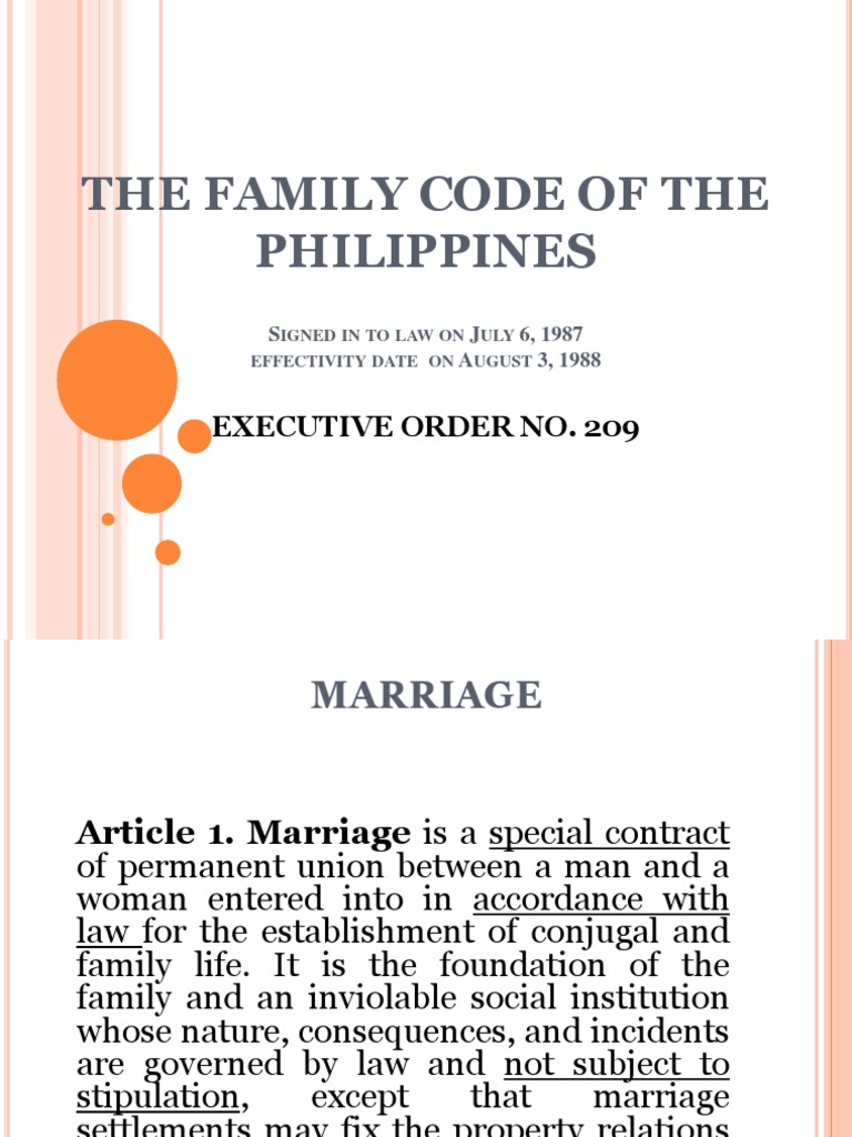 Philippines Family Code provisions on marriage, family rights and ...