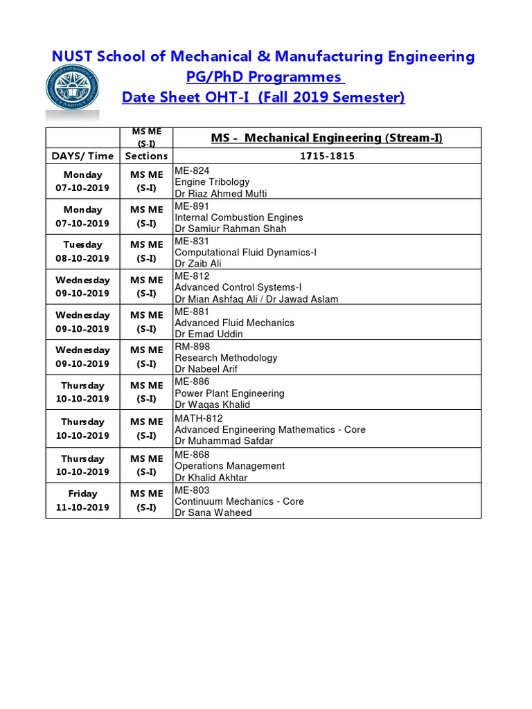 Nust School of Mechanical & Manufacturing Engineering PG/PHD Programmes ...