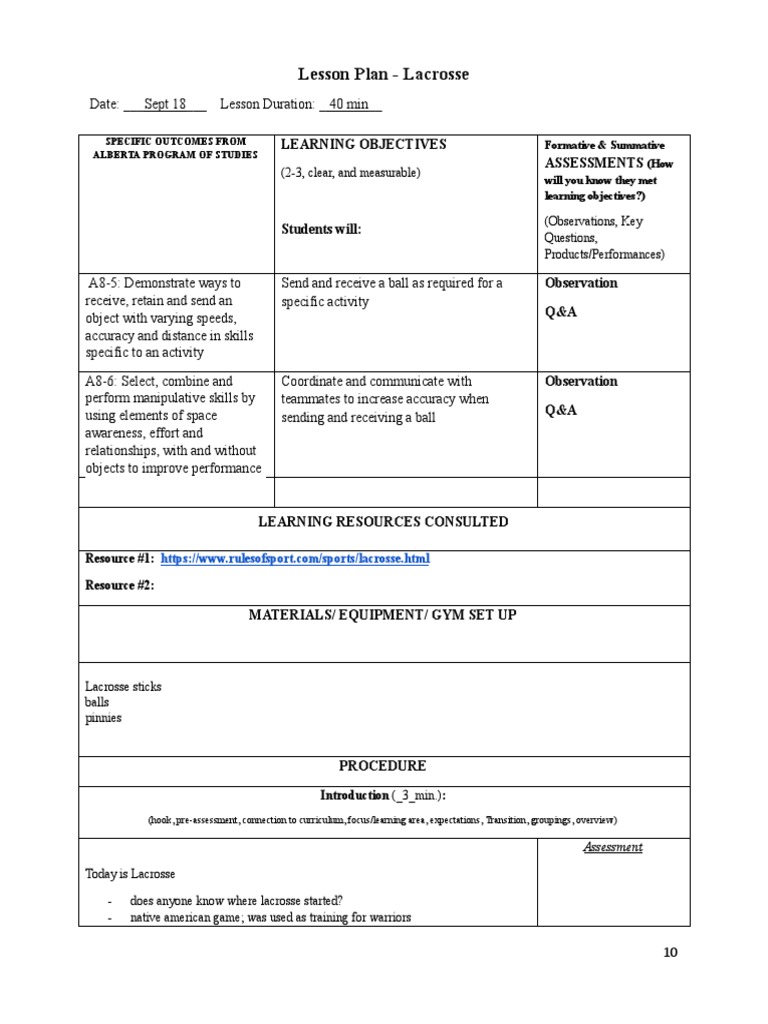 Lacrosse Lesson Plan | PDF | Lacrosse | Educational Assessment