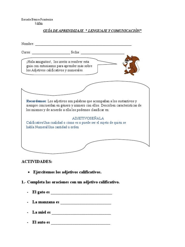 Adjetivos Calificativos y Numerales | PDF | Adjetivo | Evaluación