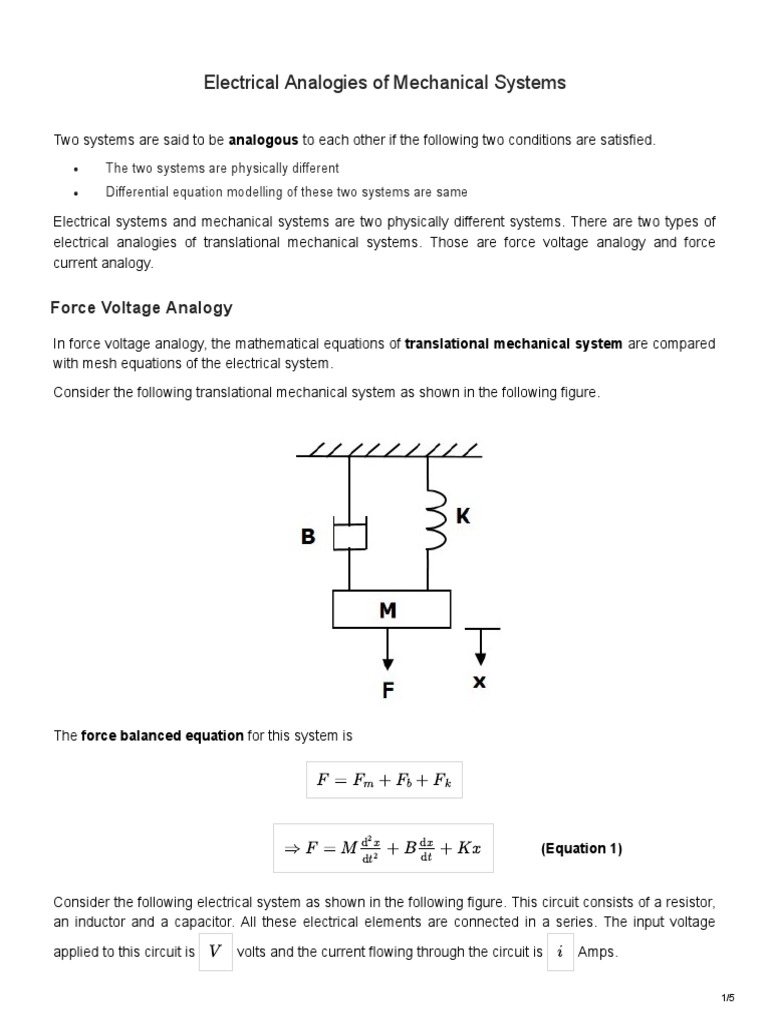 Force-Voltage Analogy: Comparing Translational Mechanical Systems to Electrical Circuits | PDF ...