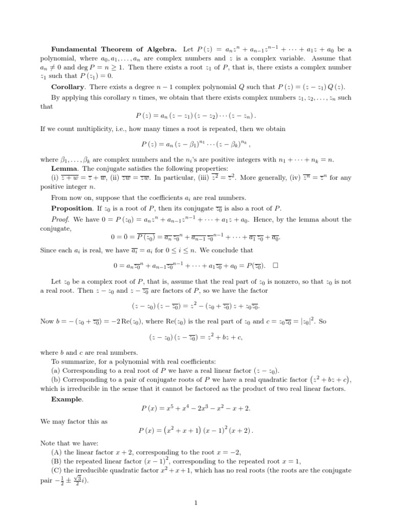Fundamental Theorem of Algebra.: N N N 1 N 1 N N | PDF | Complex Number ...