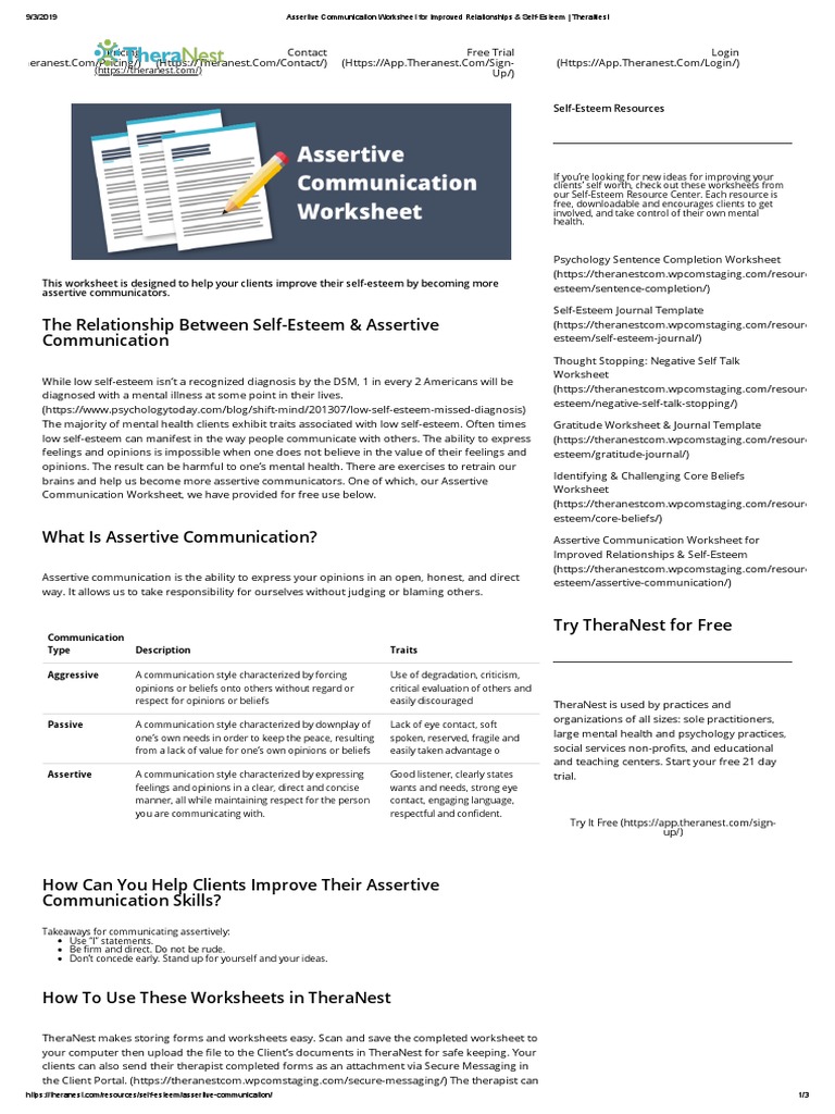 Assertive Communication Worksheet For Improved Relationships & Self-Esteem - TheraNest | PDF ...