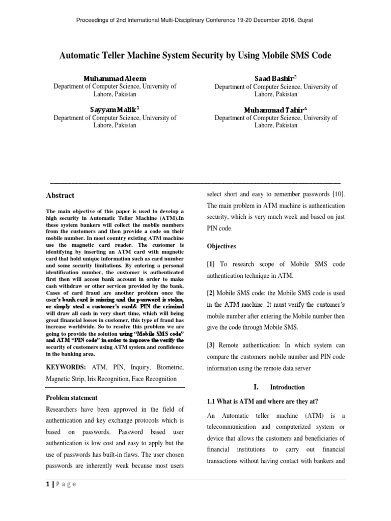 Automatic Teller Machine System Security by Using Mobile SMS Code | PDF ...