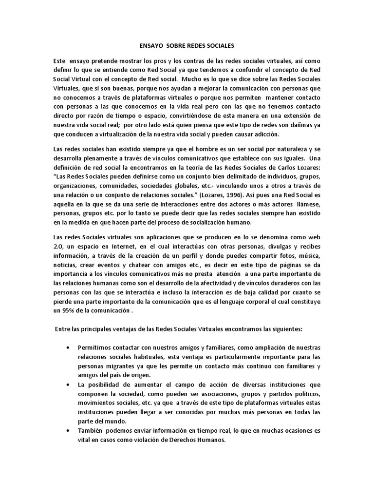 Ensayo Sobre Redes Sociales | PDF | Red social | Servicio de redes sociales