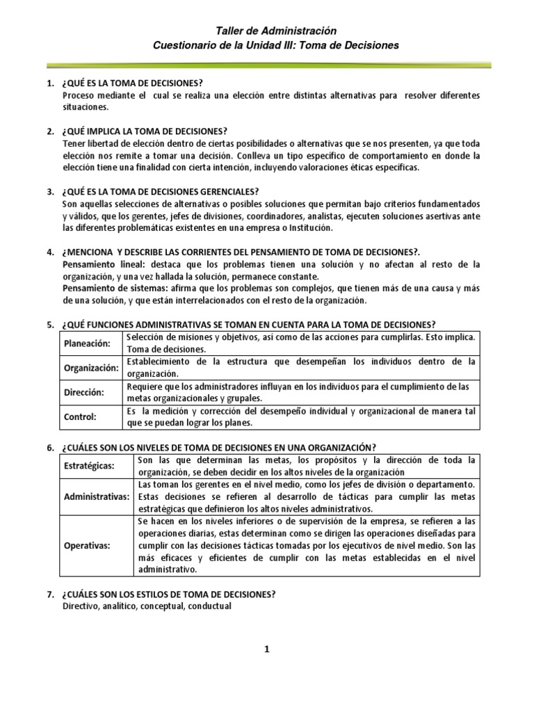 Cuestionario Unidad 3 Taller Adm | PDF | Toma de decisiones | Planificación