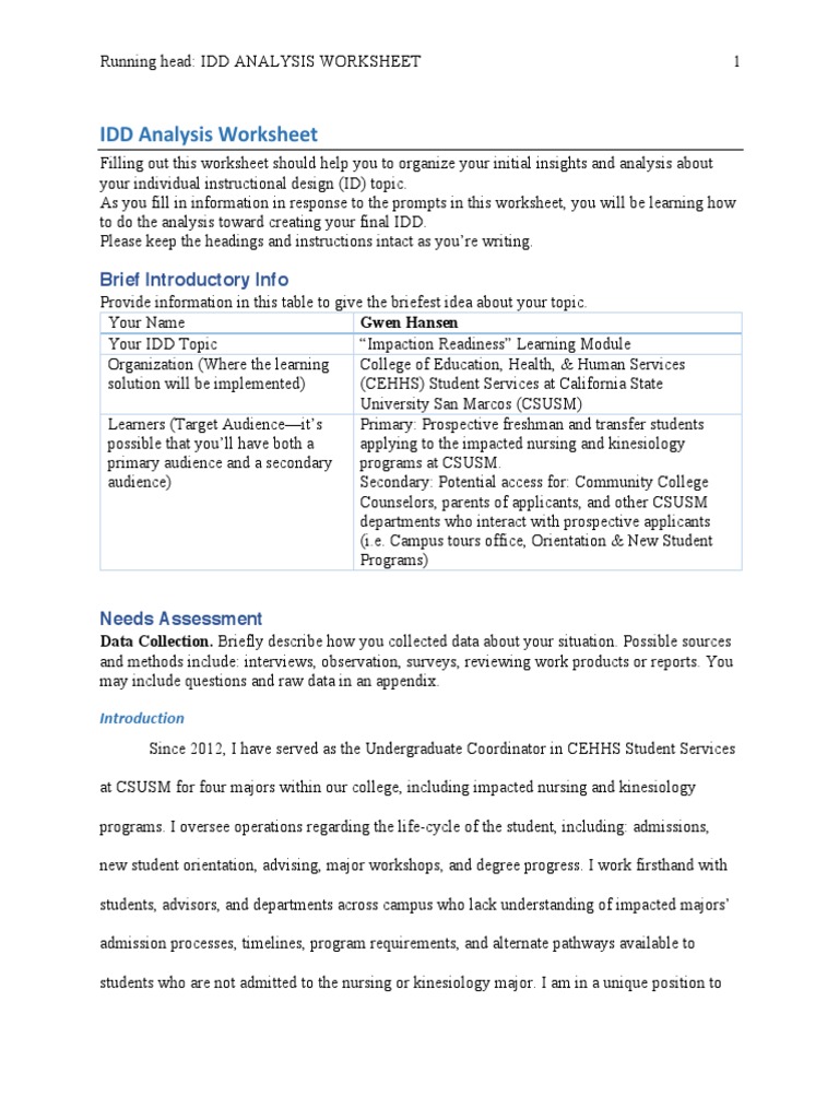 IDD Analysis Worksheet: Brief Introductory Info | PDF | University And ...