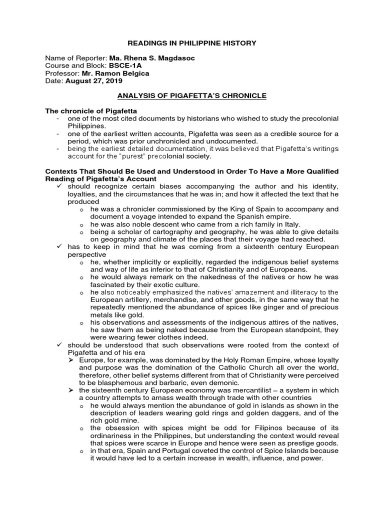 Analysis of Pigafetta's Chronicle | PDF | Philippines | Roman Empire