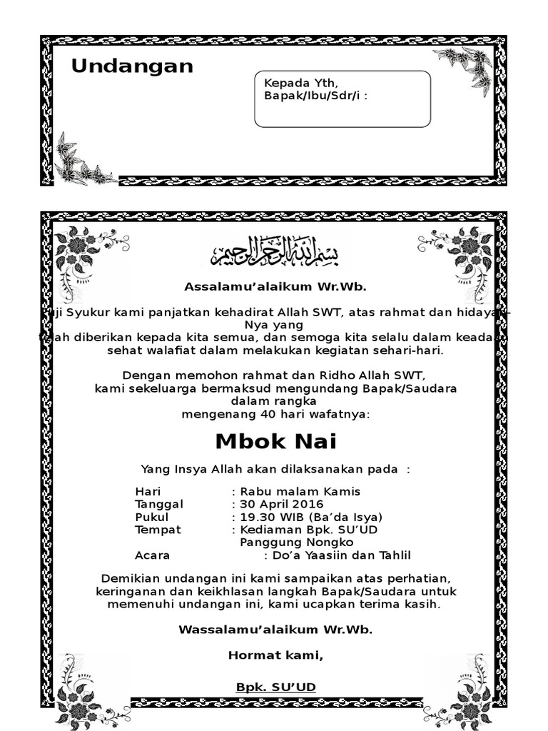 Contoh Undangan Hajatan Tahlil DLL | PDF