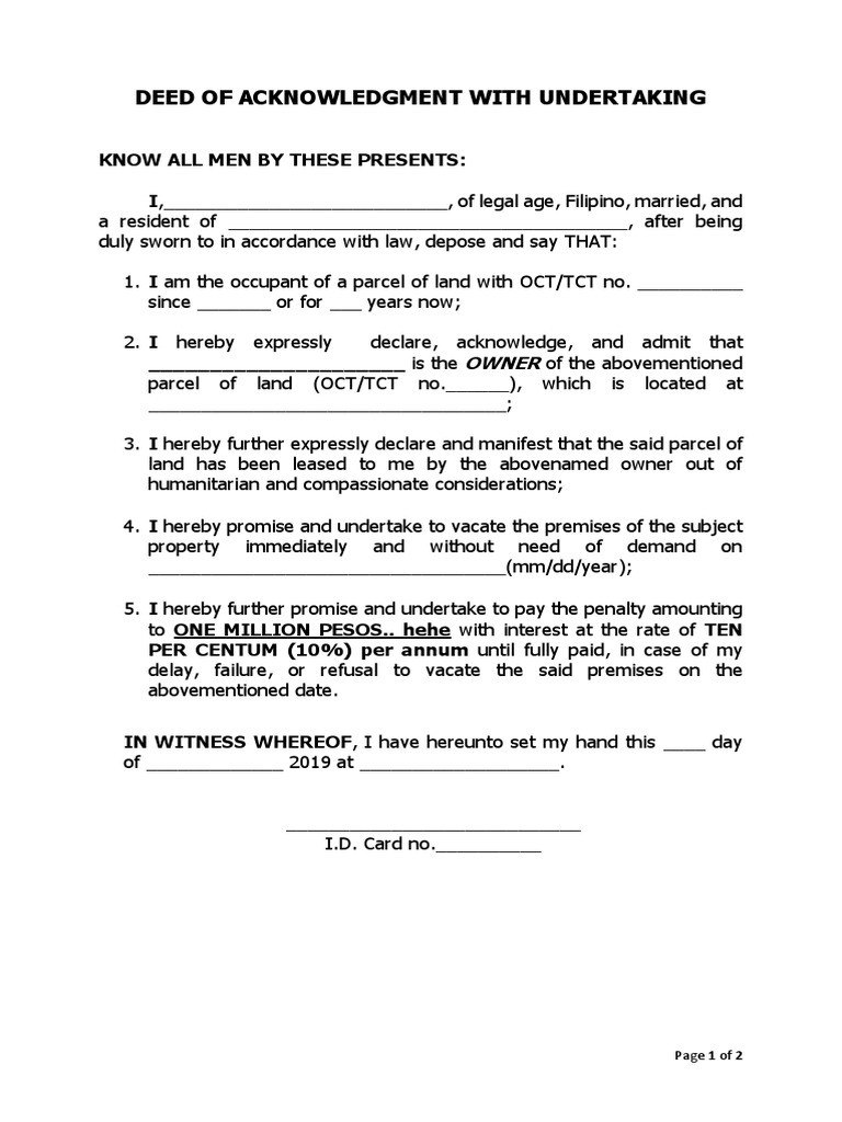 Deed of Acknowledgement With Undertaking | PDF | Civil Law (Common Law ...
