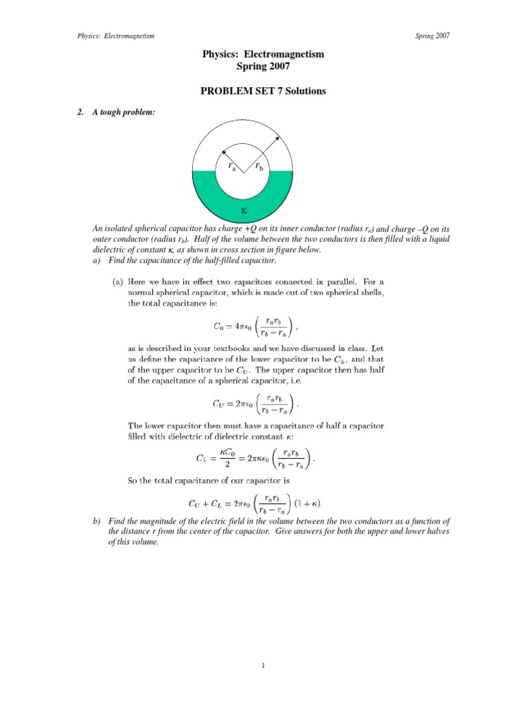 Physics: Electromagnetism Spring 2007 PROBLEM SET 7 Solutions | PDF | Capacitor | Voltage