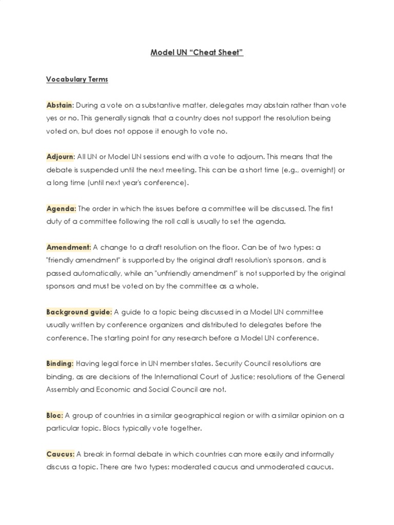 Model UN "Cheat Sheet": Vocabulary Terms Abstain | PDF | Committee ...