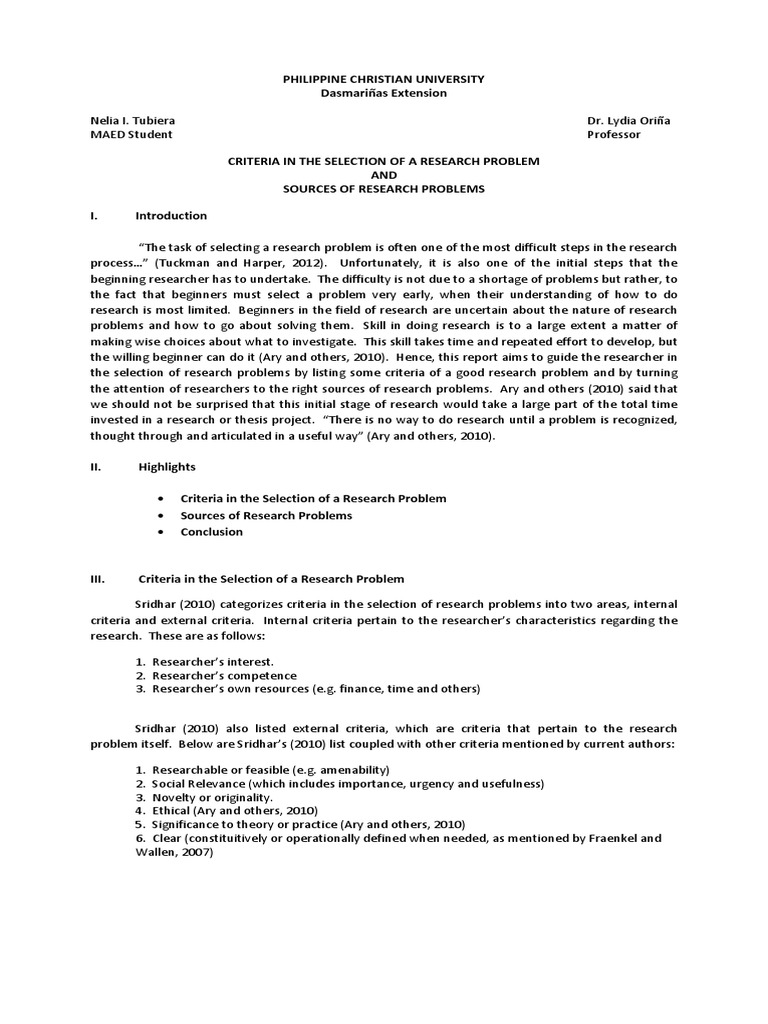 Criteria in The Selection of Research Problems | PDF | Validity ...