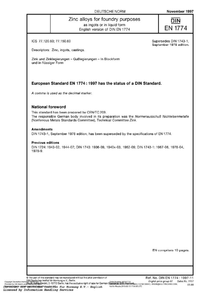 DIN en 1774 Dated 11-1997 Zinc Alloys | PDF