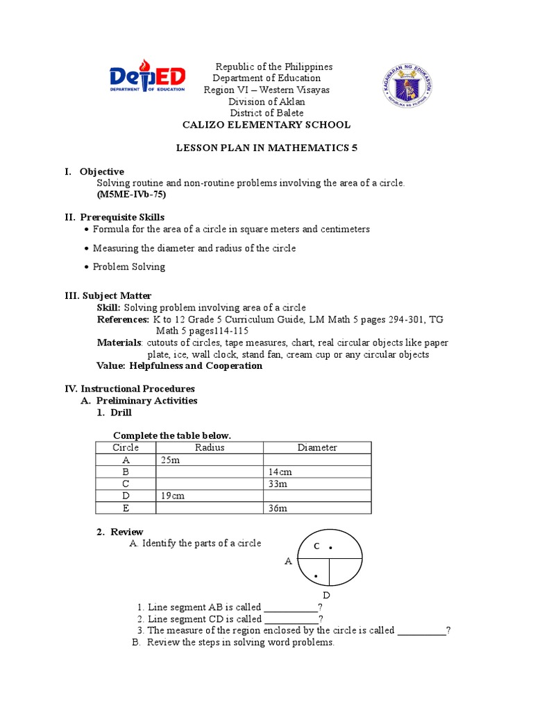 COT DLP in Math 5 With HOTS & DI | PDF | Area | Circle
