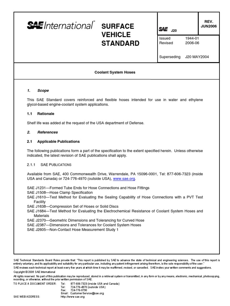 SAE J20 Dated 6-2006 Coolant Hose | PDF | Engineering Tolerance | Pipe ...