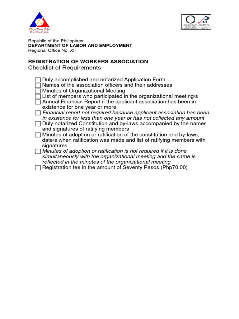 Workers Association Registration Requirements | PDF
