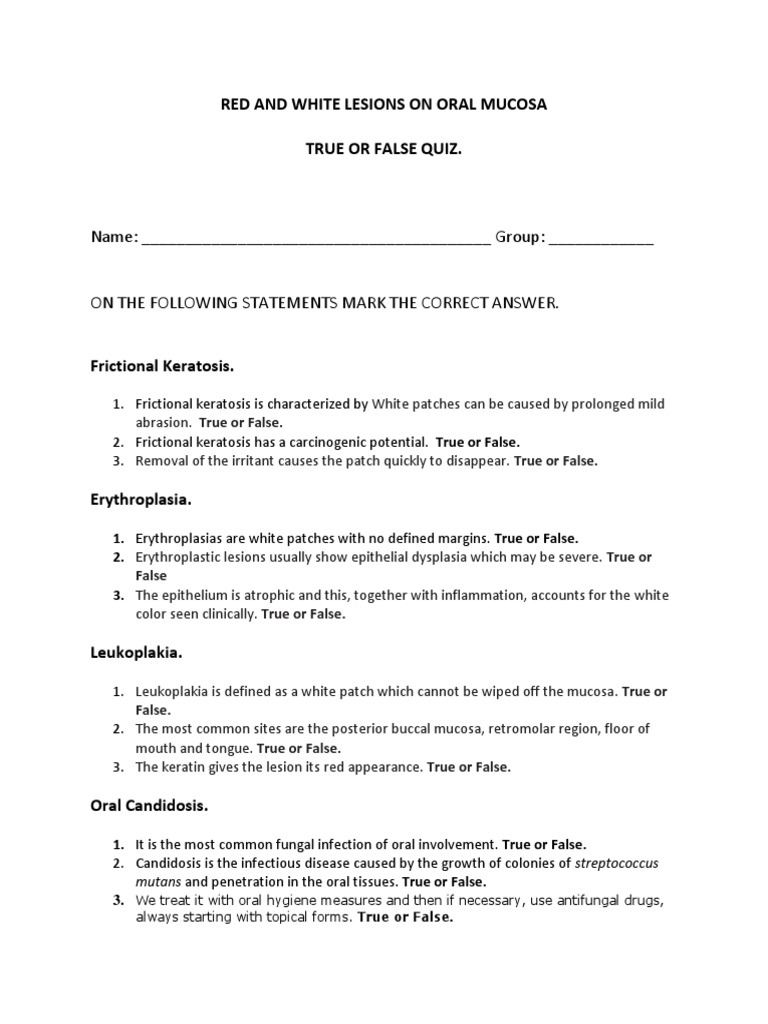 Oral Lesions: True or False Quiz | PDF
