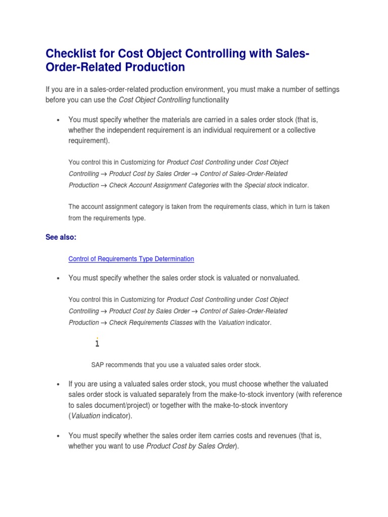 Checklist For Cost Object Controlling With Sales-Order-Related ...