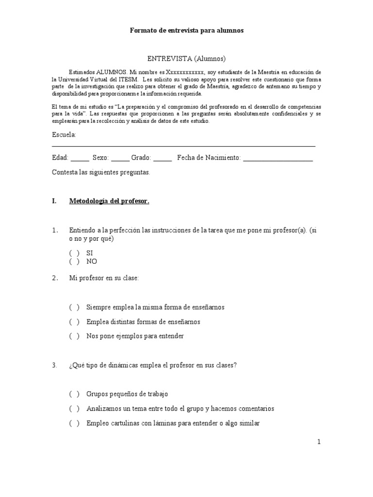 Formato de entrevista para alumnos | PDF | Maestros | Cuestionario