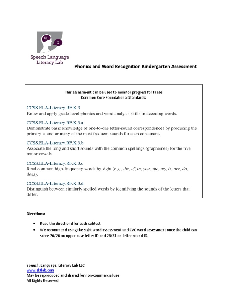 Phonics and Word Recognition Kindergarten Assessment | PDF | Phonics ...