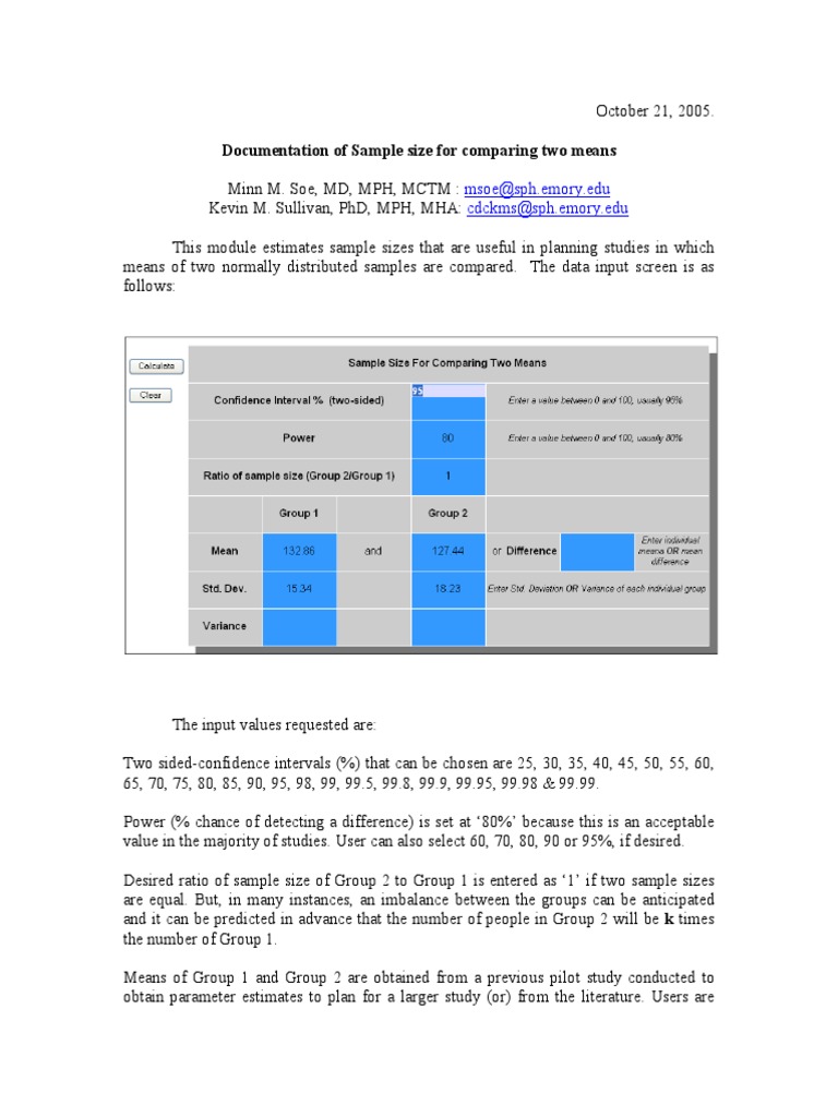 Documentation of Sample Size For Comparing Two Means: Msoe@sph - Emory.edu CDCKMS@SPH - Emory ...