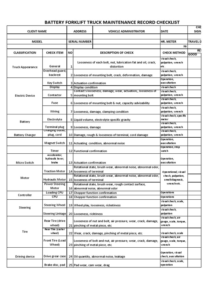 Battery Forklift Truck Maintenance Record Checklist: Date Client Name ...