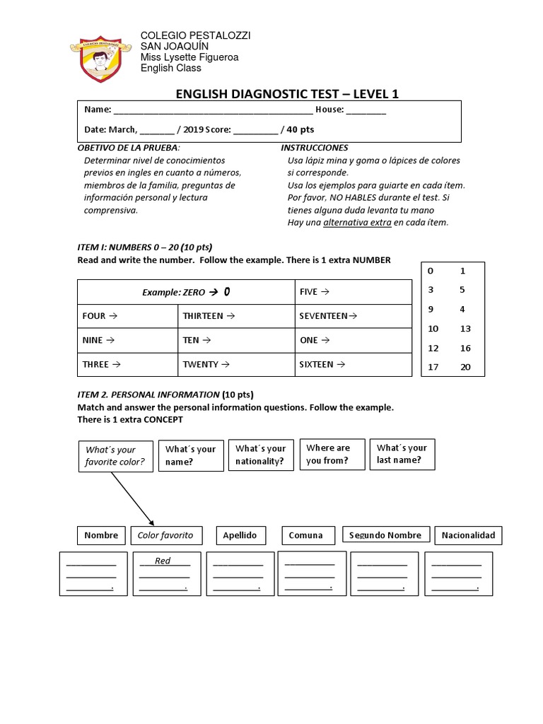 English Diagnostic Test - Level 1: Obetivo de La Prueba: Instrucciones ...