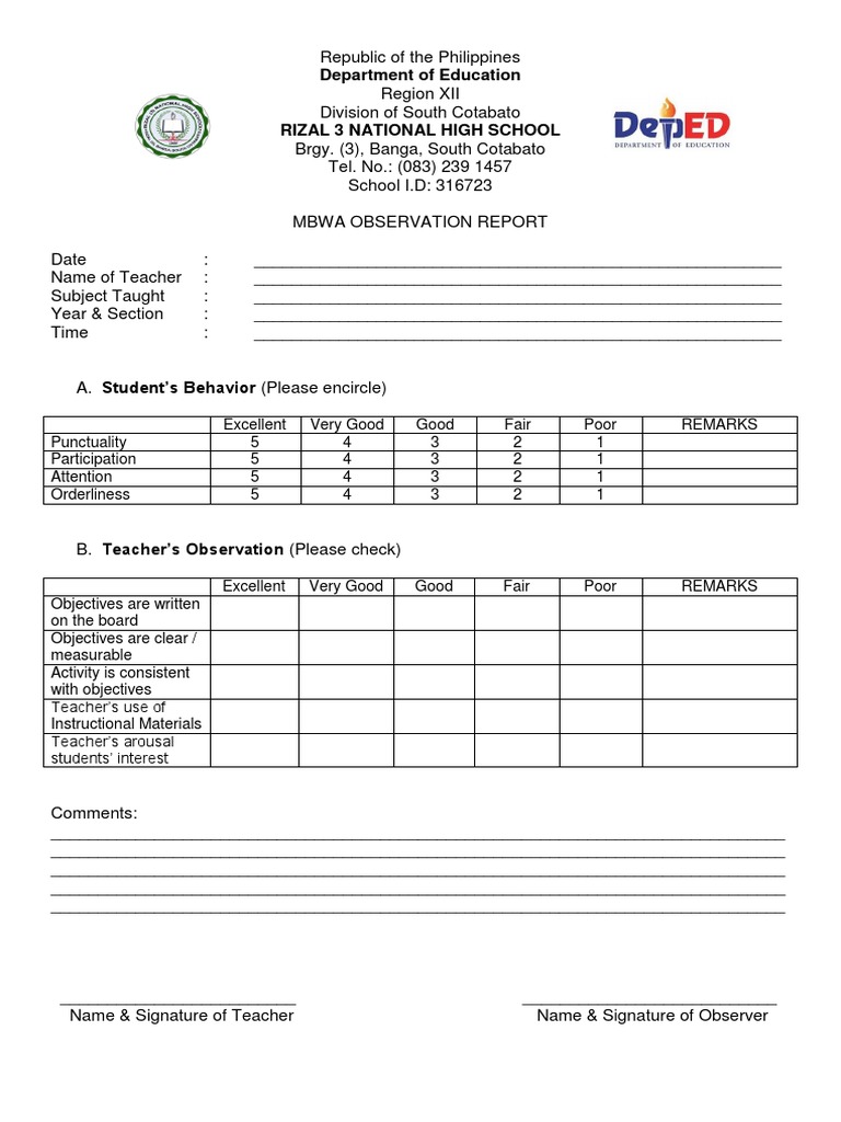 Rizal 3 National High School MBWA Observation Report | PDF