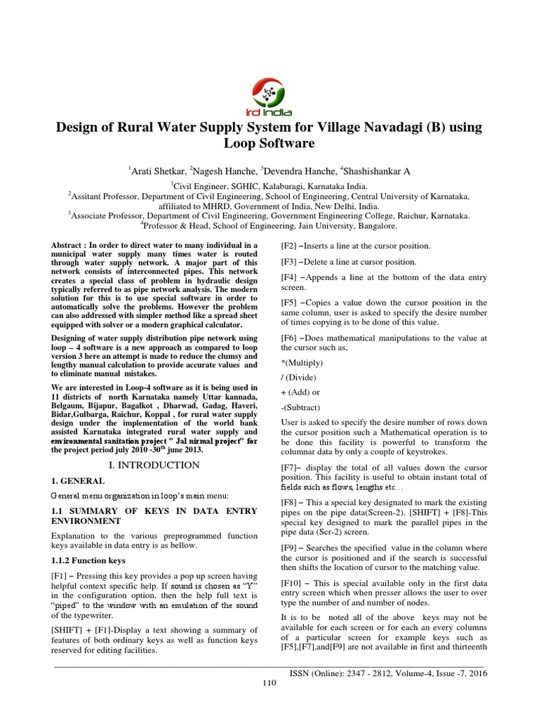 Design of Rural Water Supply System For Village Navadagi (B) Using Loop ...