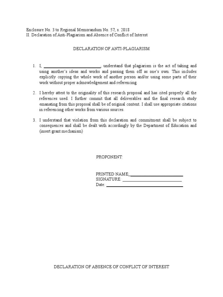 Declaration of Anti-Plagiarism & Absence of Conflict of Interest | PDF ...