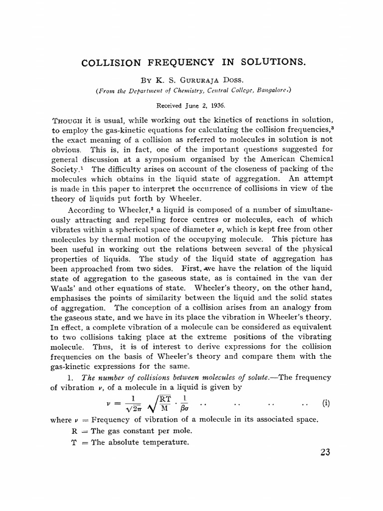 Collision Frequency in Solutions.: (From The Department of Chemistry ...