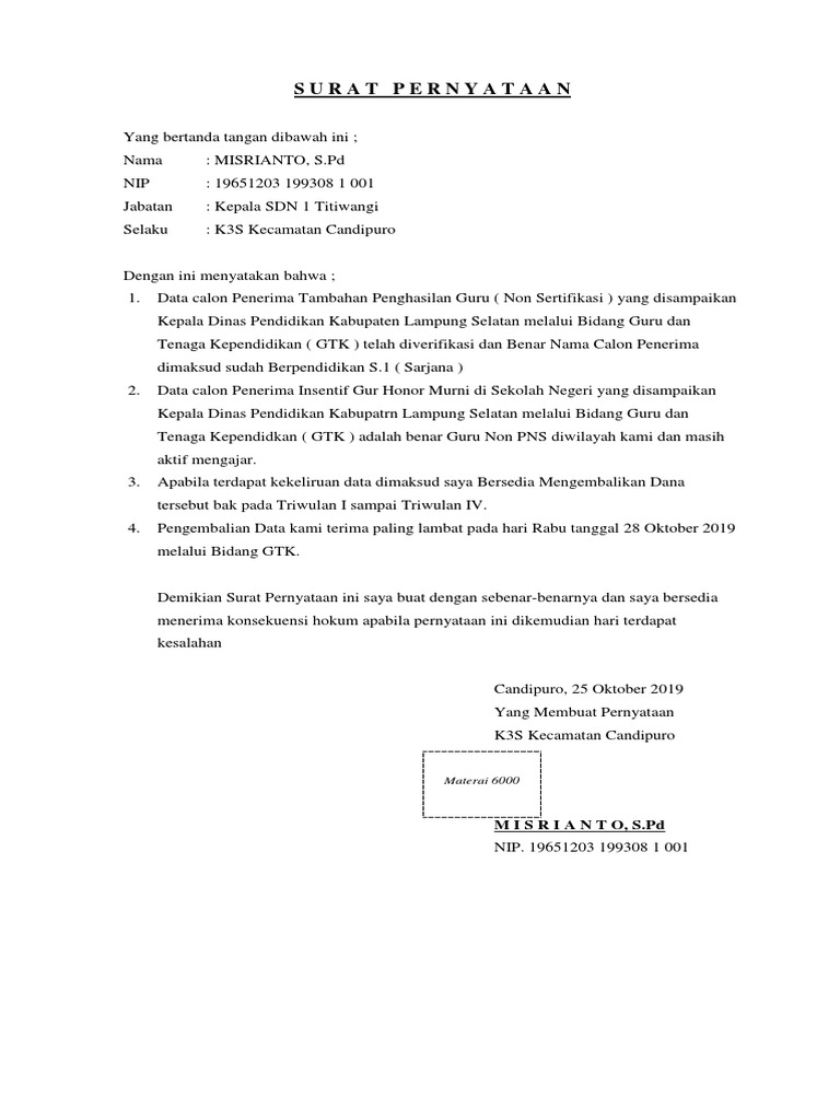 Surat Pernyataan Guru Honor | PDF
