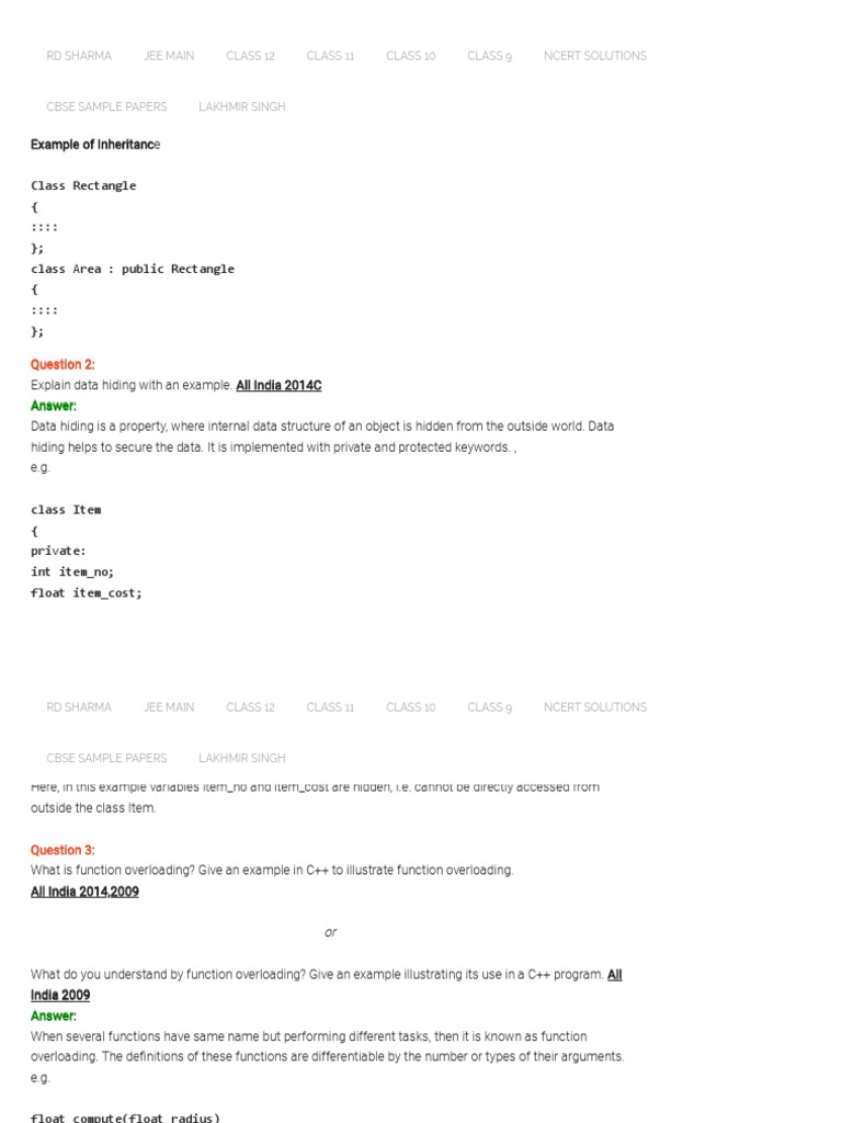 Important Questions For Class 12 Computer Science C Object Oriented Programming Learn