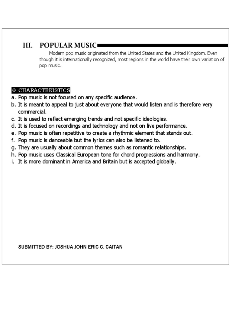 Iii. Popular Music: Characteristics | PDF | Pop Music | Sound