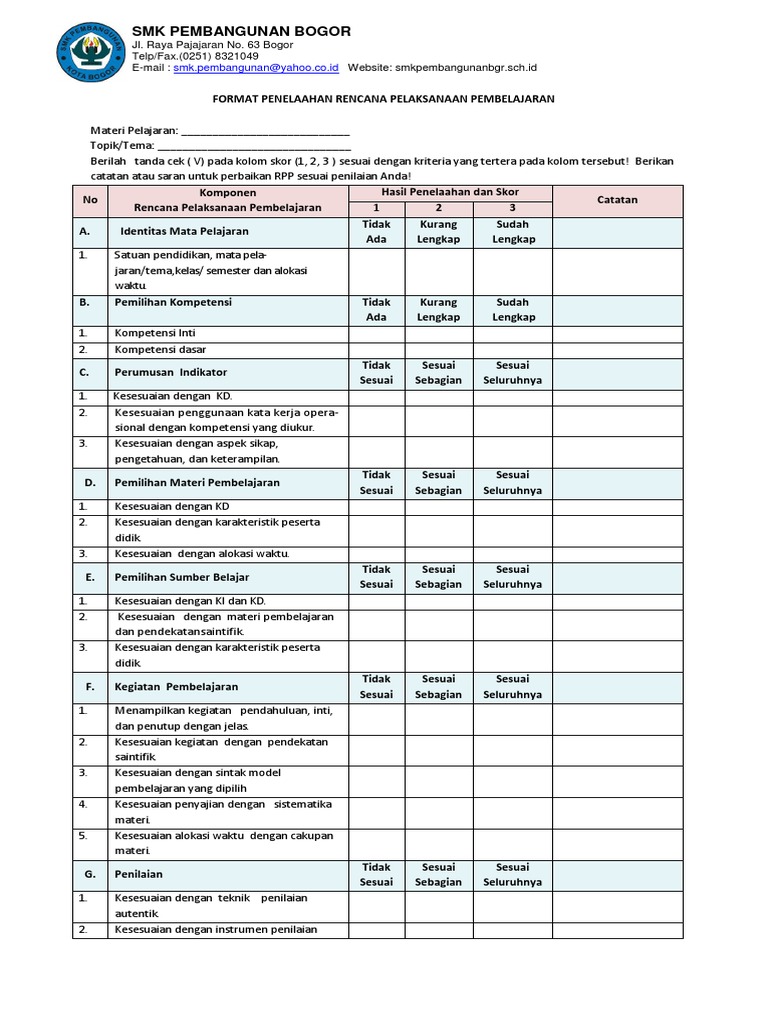Format Penelaahan Rencana Pelaksanaan Pembelajaran | PDF