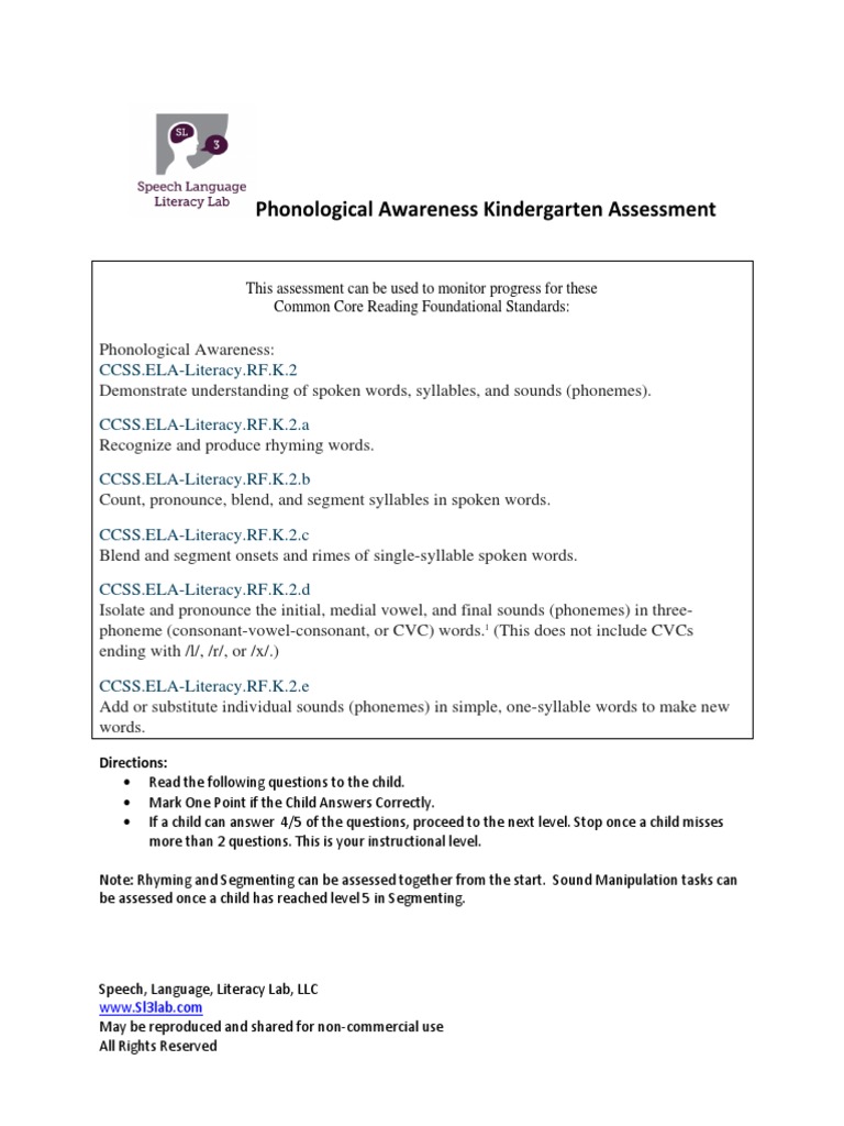 Phonological Awareness Kindergarten Assessment | PDF | Syllable | Writing
