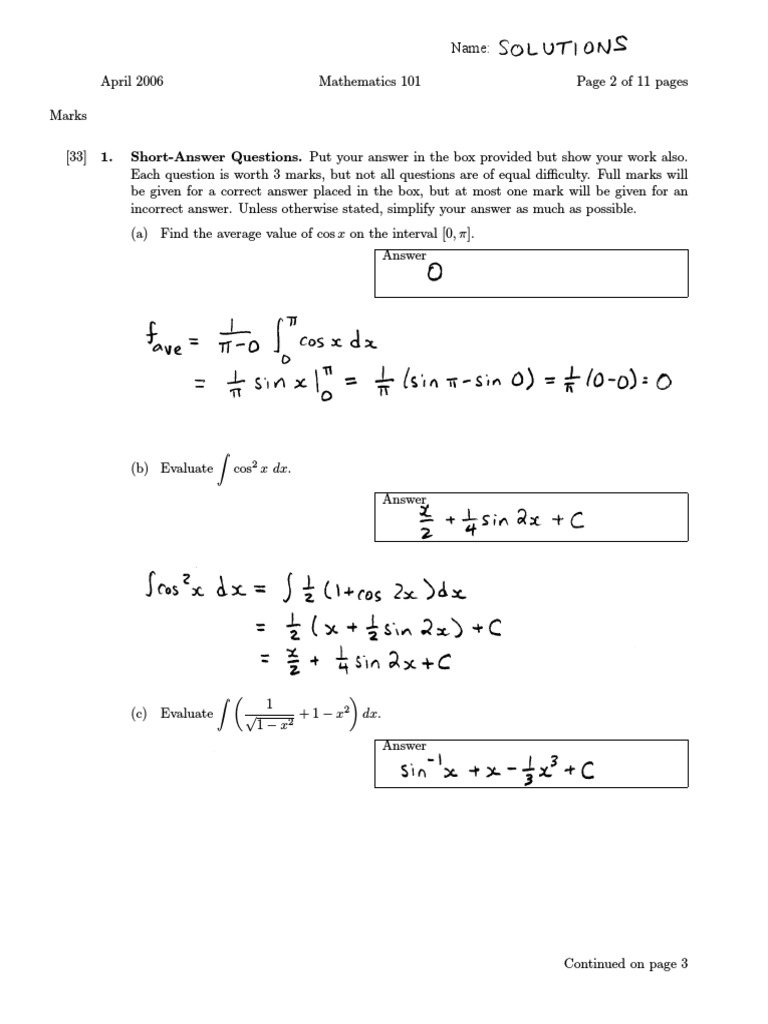 Math 101 2006 Finals Solution | PDF | Equations | Pi
