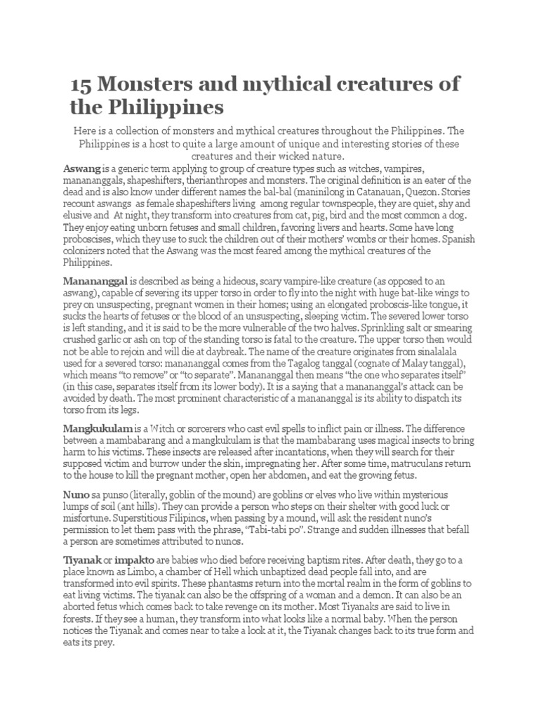 15 Monsters and Mythical Creatures of The Philippines | PDF | Legendary ...