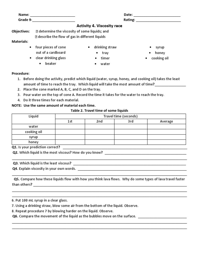 Viscosity Race Liquids Flow Experiment | PDF | Liquids | Honey