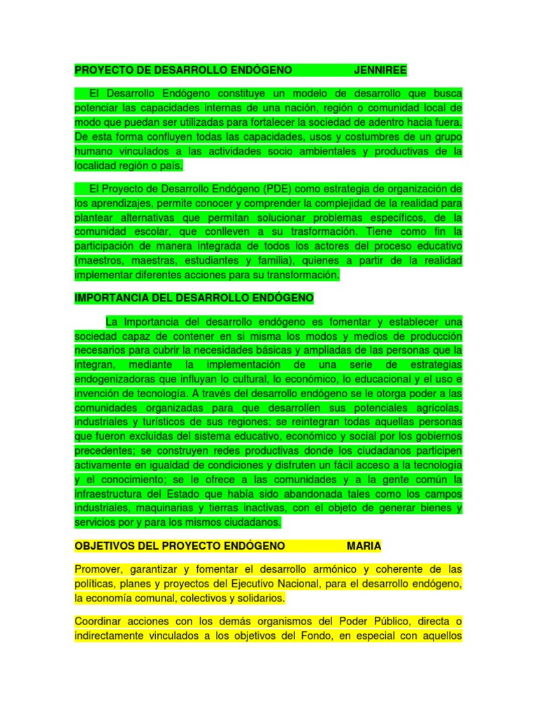 Proyecto de Desarrollo Endógeno | PDF | Sociedad | Aprendizaje